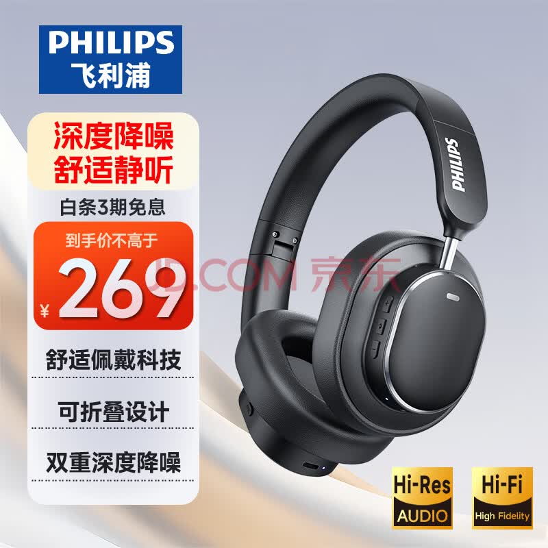 飞利浦（PHILIPS）头戴式无线蓝牙耳机 蓝牙5.4主动降噪电竞游戏重低音乐运动降噪通用TAH5519 【深度降噪出色音质】-夜黑【图片 ...