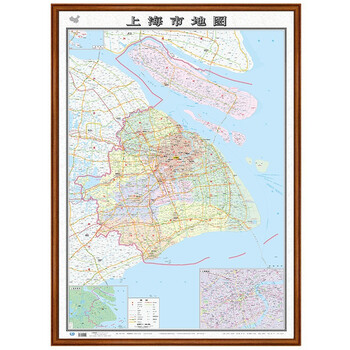 【定制边框】2022年 上海市地图 木框装裱 约1.1米*0.8米 胡桃色边框