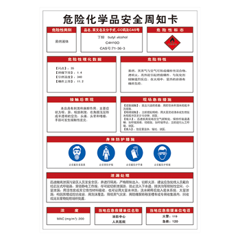 定制危险化学品宣传画安全周知卡告知卡职业病危害告知牌卡提示标示警示牌标识牌NFH NFH45 危险化学品周知卡 丁醇 40*30厘米 PVC塑料板