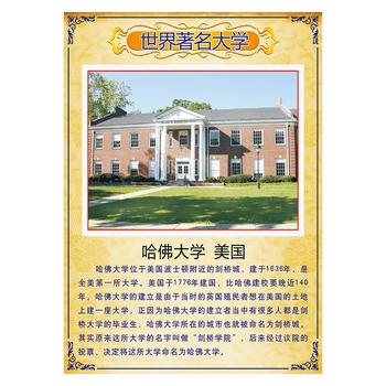 世界著名大学简介宣传画海报挂图展板招贴画名校风采宣传栏墙贴画覆膜防水贴纸OA53 OA53-02 哈佛大学简介 70*50厘米 覆膜防水PP贴纸