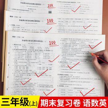 三年级试卷上册语文数学英语人教版期末考试复习真题试卷小学生3上期末冲刺100分教材同步检测练习题册 共3本 语文+数学+英语 人教版