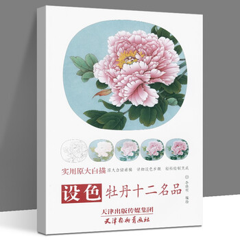 【】设色牡丹十二名品 实用原大白描画稿工笔花卉画国画技法 李晓明 天津杨柳青画社 白描