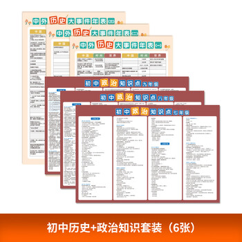 初中化学重点知识点挂图方程式归纳汇总挂图人教版全套墙贴纸初中政治+历史(6张)