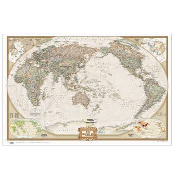 世界地图墙贴(袋装折叠版)仿古复古美国国家地理版 幅面117x78cm 政区地形 中外对照 书房办公
