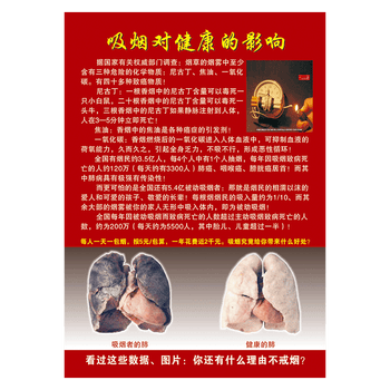 禁止吸烟标贴纸标语标识控烟禁烟公益广告文化招贴画挂图无烟校园宣传画覆膜防水贴纸TYH TYH01 吸烟有害健康 70*50厘米 覆膜防水PP贴纸