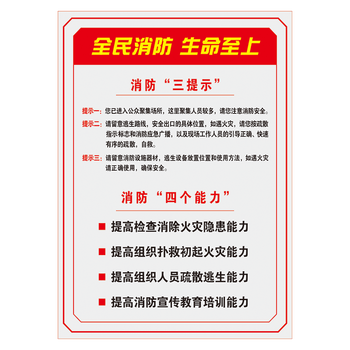 企业消防十条知识宣传画挂图单位消防安全常识宣传栏展板墙贴画防水贴纸VCH VCH30 消防三提示四个能力 40*30厘米 覆膜防水PP贴纸
