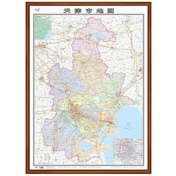 【定制边框】2022年 天津市地图 木框装裱 约1.1米*0.8米 胡桃色边框