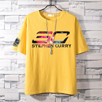 NBA短袖圆领库里30号纯棉透气美式蓝球衣运动训练服T恤男圆领夏季 黄色-星空库里 L