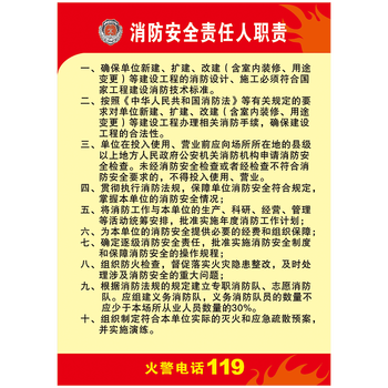 消防安全规章制度牌宣传画挂图消防安全管理人职责贴画覆膜防水贴纸VHT07 VHT07-04 消防安全责任人职责 60*40厘米 覆膜防水PP贴纸