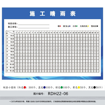 建筑施工工地制度牌新款施工晴雨表天气情况记录表提示牌墙贴画防水自粘贴纸 RDH22-06 晴雨表 70*50厘米(配套5种颜色小圆形即时贴)