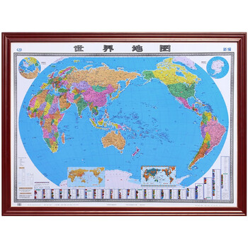 【定制边框】2022年 世界地图 约1.6米*1.2米 木框装裱挂图 红棕色