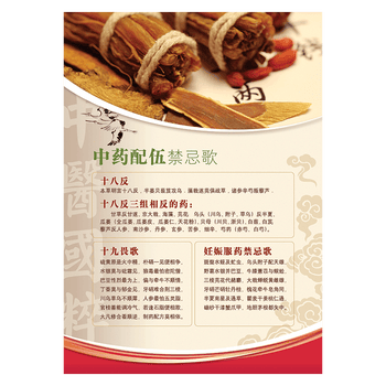 中药十八反歌十九畏歌挂图妊娠用药禁忌中医宣传画贴画WSA WSA34 中药配伍禁忌歌 60*40厘米