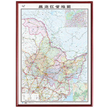 【定制边框】2022年 黑龙江地图 木框装裱 约1.1米*0.8米 红棕色边框