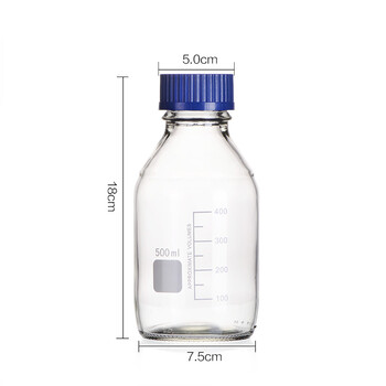 蓝盖丝口瓶 螺纹口带刻度玻璃密封瓶 蓝盖试剂瓶 透明白色 500mL