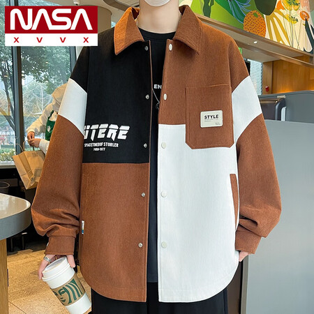 NASA XVVX撞色拼接外套男春秋季2024新款衬式衫夹克男潮牌宽松青少年上衣服 K61焦糖 XL 约120-140斤可穿【图片 价格 品牌 ...
