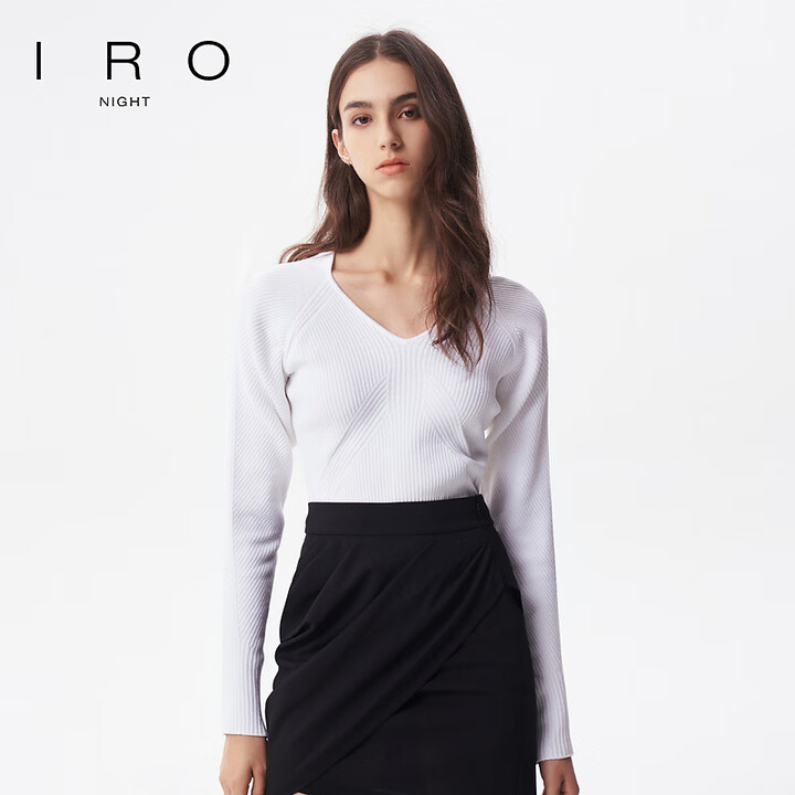 IRO NIGHT 23早秋新款法式v领长袖竖条纹纯色休闲针织衫上衣 白色 M【图片 价格 品牌 报价】-京东