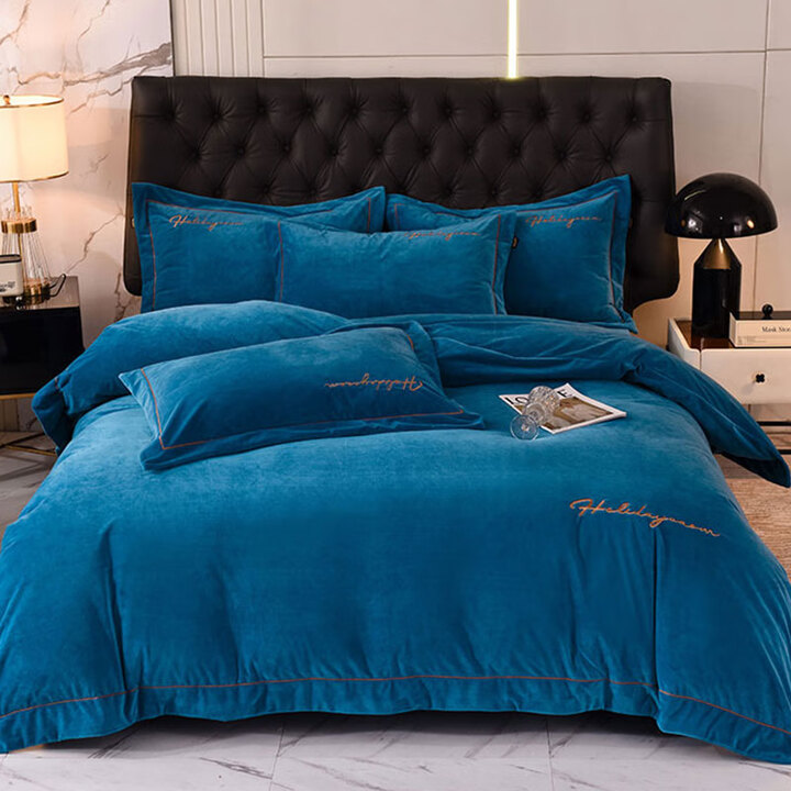 南极人秋冬保暖婴儿绒四件套加厚宝宝绒牛奶绒被套床单加厚双人床上用品 字母款-湖蓝 1.5m床笠款四件套-被套2x2.3m【图片 价格 品牌 ...