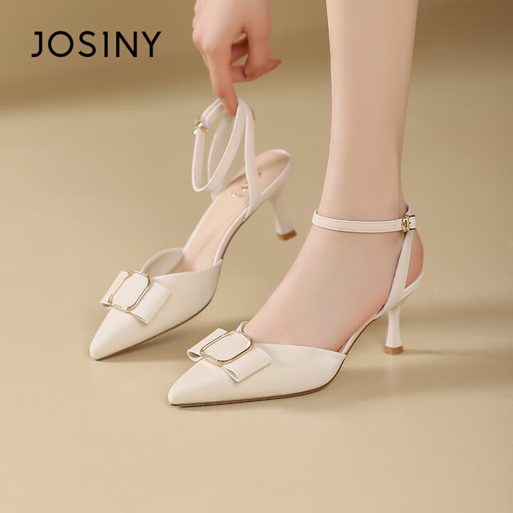 卓诗尼（Josiny）包头凉鞋女2024年夏季新款一字带细跟时尚法式优雅气质尖头高跟鞋 米白色 34【图片 价格 品牌 报价】-京东