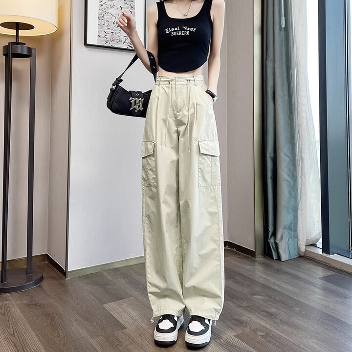 茹轩工装裤女高腰显瘦春秋季新款宽松束脚阔腿两穿美式运动休闲裤潮 38562杏色【小个子款】 M(建议95-115斤)【图片 价格 品牌 报价】-京东