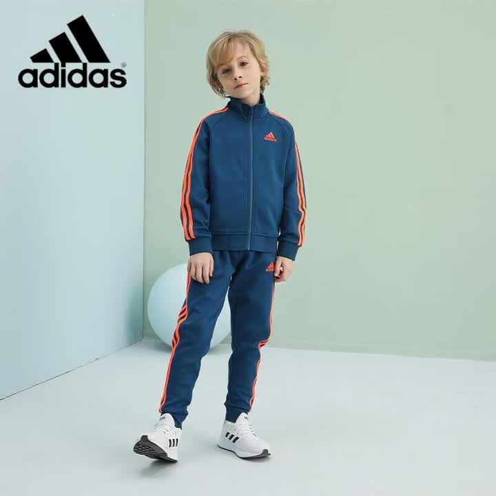 【阿迪达斯LogJac+AthPants】阿迪达斯（adidas）儿童轻运动套装经典三条纹休闲外套长裤 蓝/橘 110【行情 报价 价格 评测】-京东