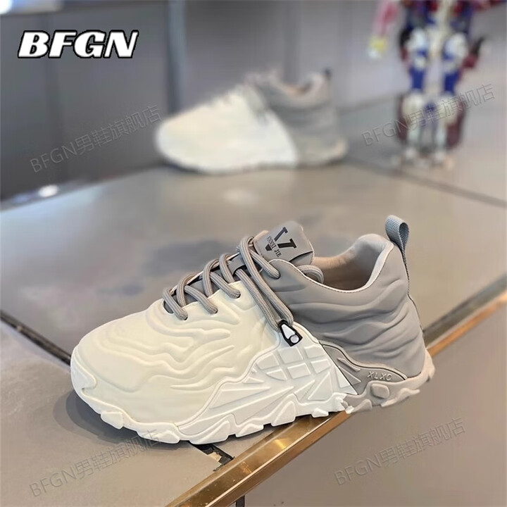 BFGN轻奢牛皮男鞋2025春夏季新款厚底运动鞋男士休闲鞋百搭增高老爹鞋 白灰色【皮面】-高端男鞋 41【图片 价格 品牌 报价】-京东