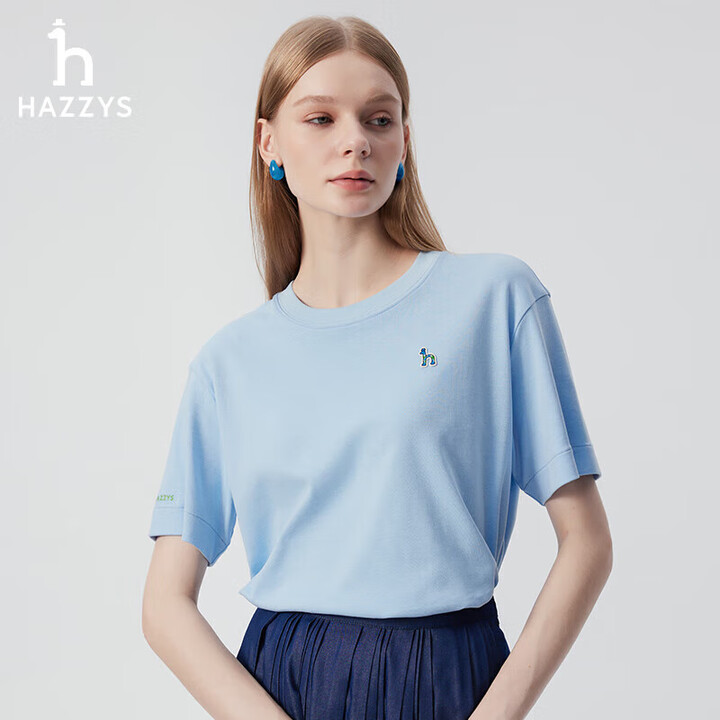 【哈吉斯（HAZZYS）ASTSE0CBE69】哈吉斯（HAZZYS）女装25夏落肩短袖T恤ASTSE0CBE69 蓝色BL M(160/84A38)【行情 报价 价格 评测】-京东