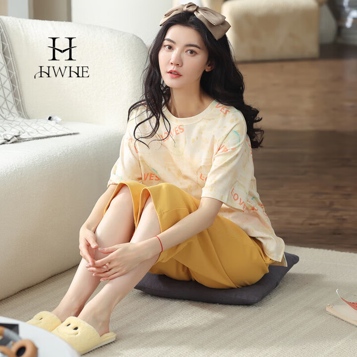 HWHE轻奢品牌纯棉短袖睡衣女士夏款七分裤新款夏季卡通家居服套装 仙姿佚貌【七分裤】 L 【建议体重90-110斤】【图片 价格 品牌 报价】-京东