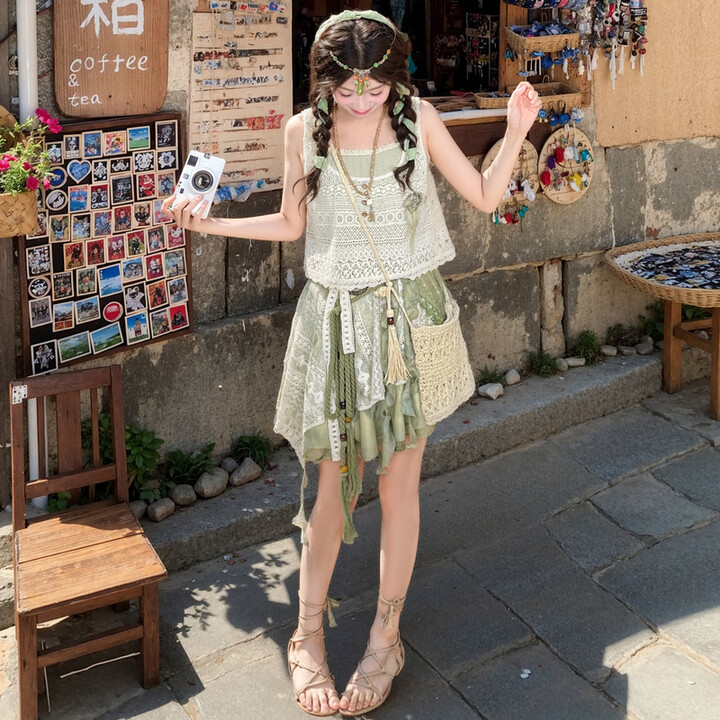 森女部落原创设计感波西米亚蕾丝拼接度假套装裙子度假海边半身裙 背心（单件） （单件） M （单件）【图片 价格 品牌 报价】-京东