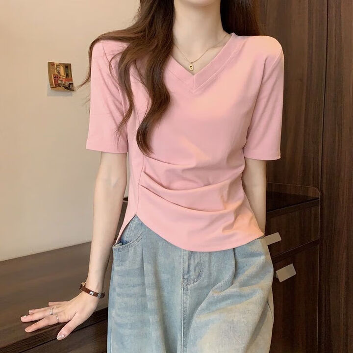 JRET纯色褶皱v领正肩T恤短袖女夏季洋气显瘦潮不规则设计感小心机上衣 粉色 S 60-85斤【图片 价格 品牌 报价】-京东