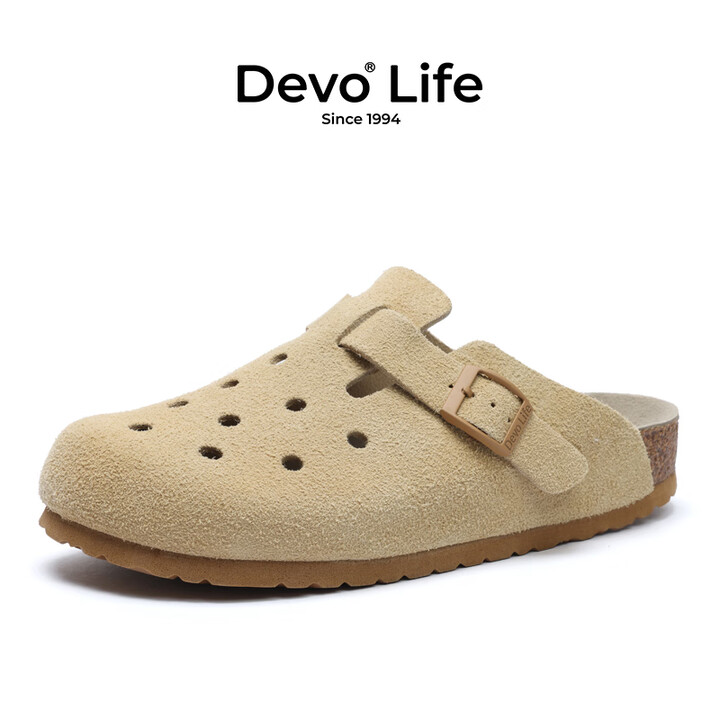 Devo Life的沃包头软木鞋女士勃肯鞋夏季透气拖鞋可爱女生外穿洞洞鞋 22002 浅米黄反绒皮 35 （建议拍小一码）【图片 价格 品牌 报价】-京东