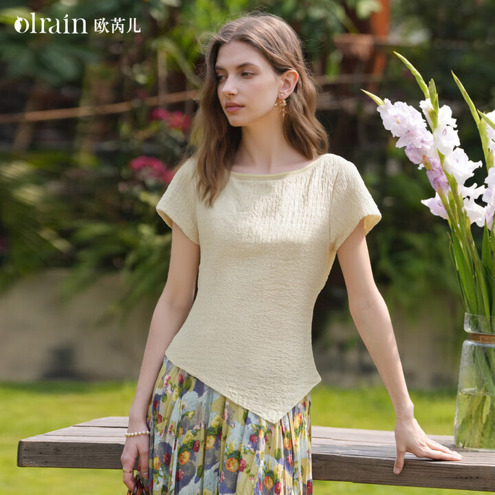 【OlrainO57XT99056】Olrain欧芮儿一字领法式肌理感T恤女装夏季不规则短袖上衣 浅黄色 L【行情 报价 价格 评测】-京东