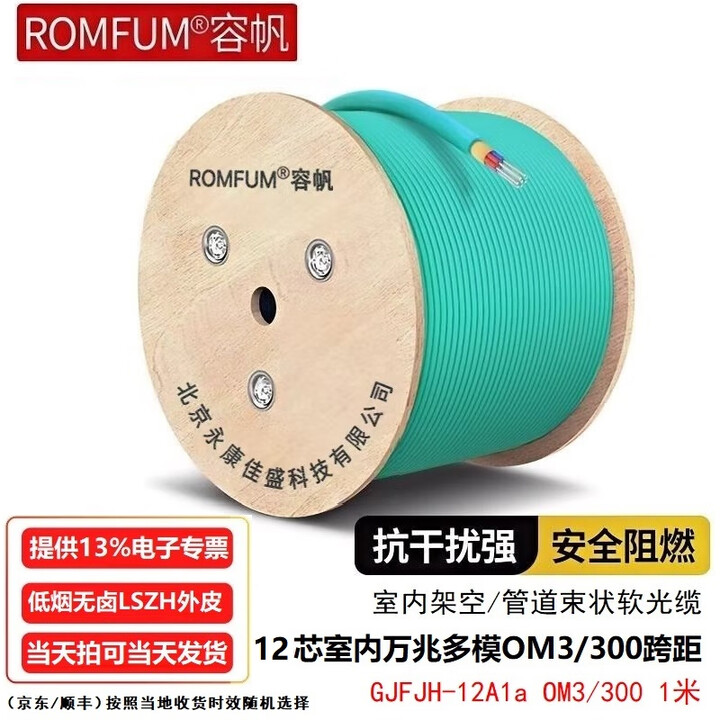 容帆(ROMFUM)万兆多模室内光纤线OM3/300跨距电信级4-48芯GJFJH软光缆低烟无卤LSZH束状软光纤光缆 12芯【多模万兆OM3 ...