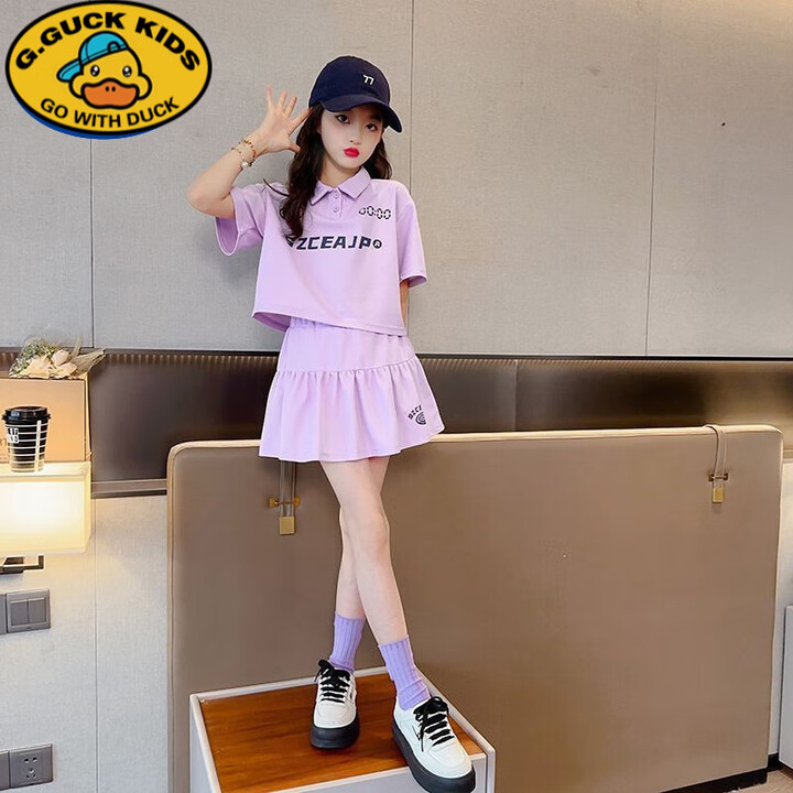 G.DUCKKIDS女童夏装套装Polo衫新款网红短袖显瘦套裙装中大童休闲运动两件套 紫色 【运动字母套装】 160【图片 价格 品牌 报价】-京东