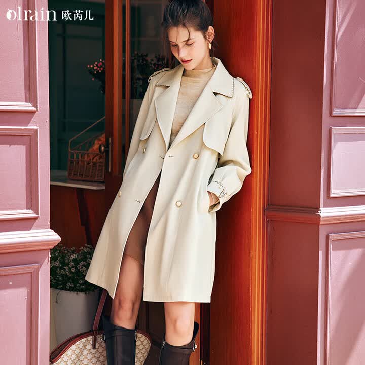【OlrainO22QF00938】Olrain欧芮儿法式优雅风衣外套高级感休闲通勤大衣中长款 米杏色 M【行情 报价 价格 评测】-京东