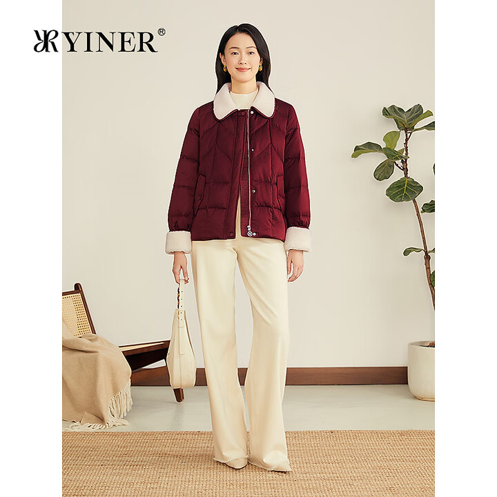 YINER音儿专选2025秋季绒感颗粒羊毛混纺翻领短款羽绒服 酒红 M【图片 价格 品牌 报价】-京东