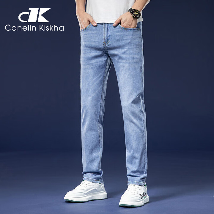 CANELIN KISKHA品牌牛仔裤男士2025春夏季薄款修身直筒弹力高端商务休闲长裤子 6817-2B#浅蓝 31 码【图片 价格 品牌 ...