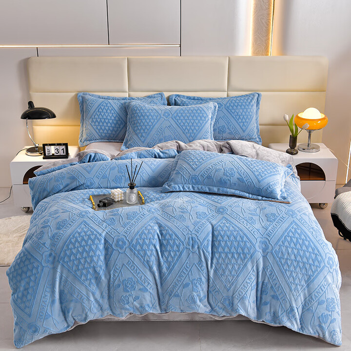 Lady Laura富安娜出品牛奶绒四件套冬款加厚双面加绒法兰绒被套床上三件套 欧式风情-蓝+灰 床单款 1.5m四件套【图片 价格 品牌 ...