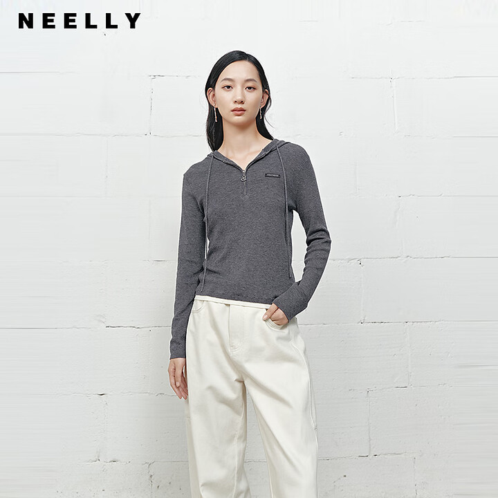 NEELLY纳俪商场同款冬季新款时尚简约针织衫女亲肤休闲连帽上衣 浅灰色 S【图片 价格 品牌 报价】-京东