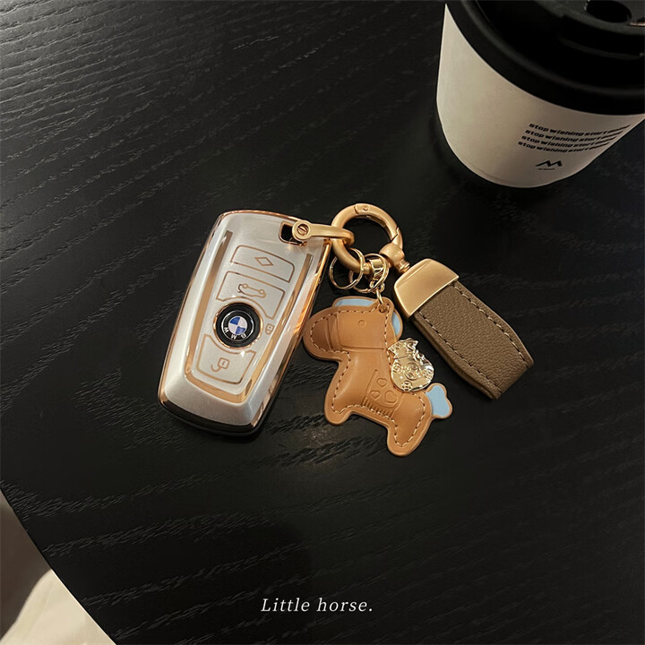 S.CHUANG适用宝马钥匙套5系3系1系7 x1x2x3x5刀锋ix3壳i3扣530 320三325li 【B款】流沙金+棕色小马皮绳色 ...