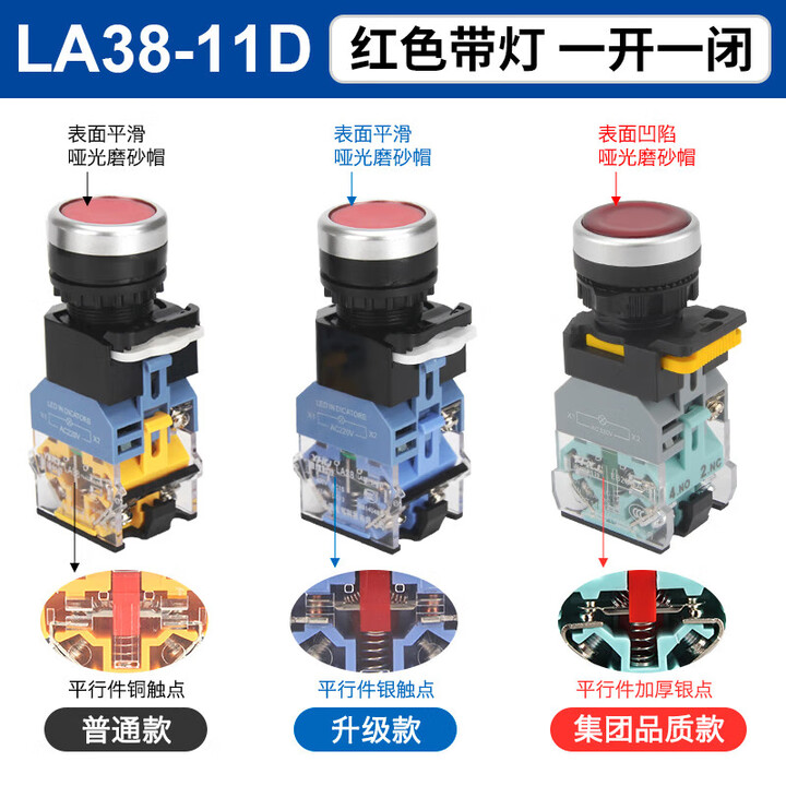 LA38-11D按钮开关带灯220V自锁自复位平头控制LA38-11DN开孔22MM 红色 AC/DC24V自复位(松开触点复位)普通款【图片 ...
