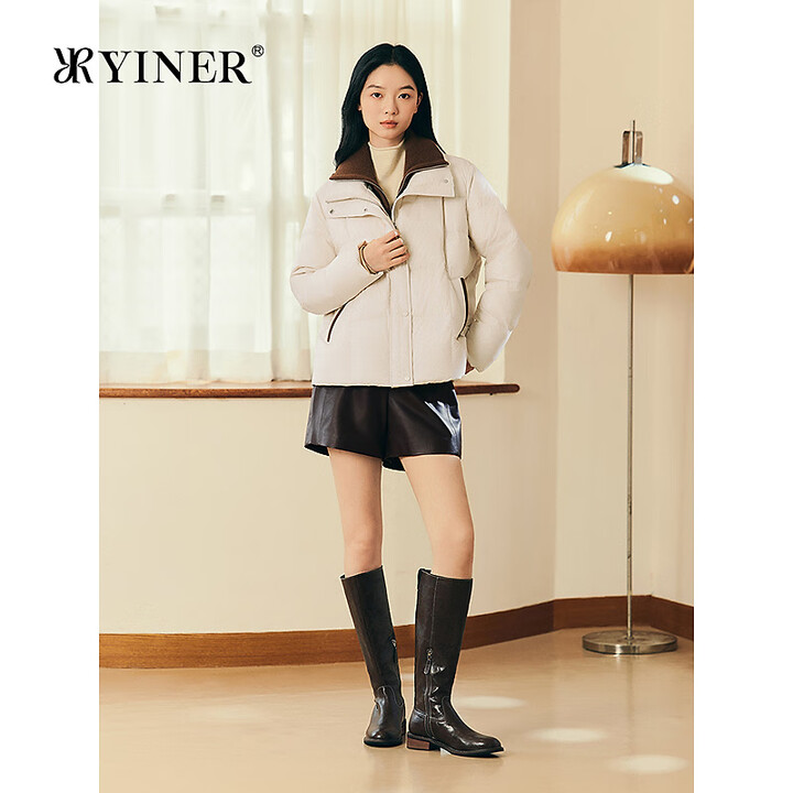 YINER音儿专选2025冬季新款法式短款假两件羊毛针织领拼接羽绒服 米白 S【图片 价格 品牌 报价】-京东