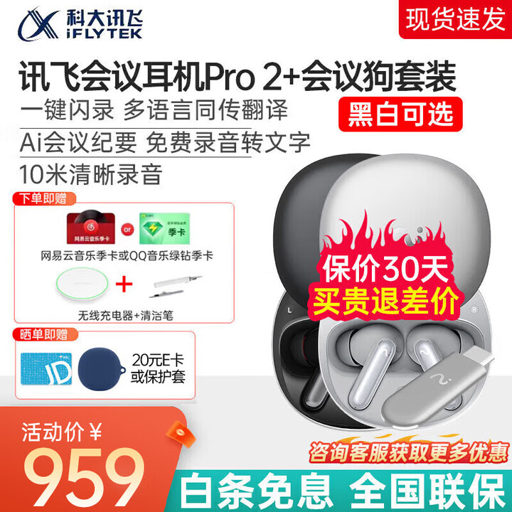 科大讯飞录音降噪会议耳机iFLYBUDS Pro2/Pro3蓝牙耳机翻译耳机 无线降噪 入耳式会议纪要 录音转文字 讯飞耳机Pro 2+会议狗 ...
