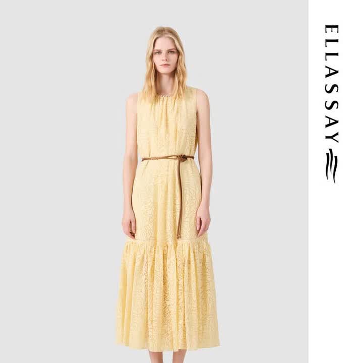 【歌力思（ELLASSAY）EWU361Y02200】歌力思（ELLASSAY）立体轻盈中长款连衣裙女 EWU361Y02200 黄花卉391 ...
