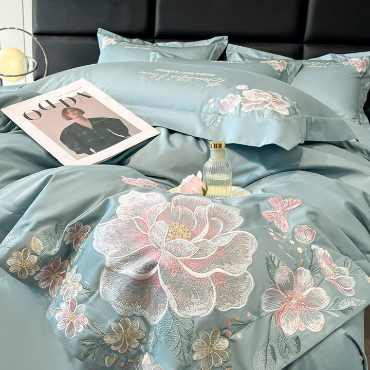 Lady Laura富安娜出品A类母婴级100支长绒棉四件套感花卉纯棉刺绣被套床单床 A类母婴棉-山茶花-星耀蓝 床单款 1.8m四件套【被套 ...