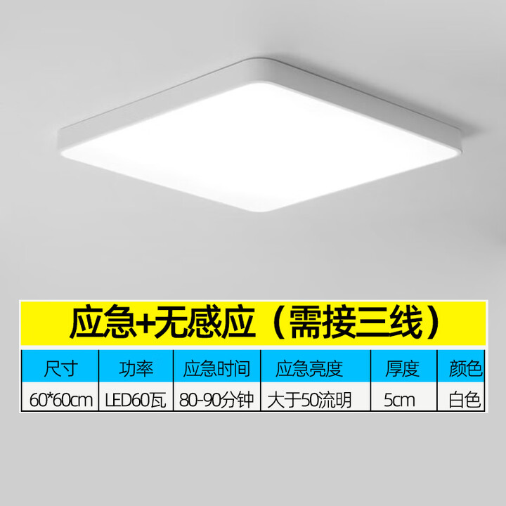 LIANGJIA LEDled应急吸顶灯智能人体感应带声控过道楼道停电紧急照明灯 白60*60cm60瓦应急+无感应 接3线【图片 价格 品牌 ...