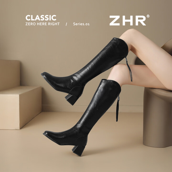 【ZHR长筒靴】ZHR长筒靴女秋冬款复古加绒骑士靴显瘦v口瘦瘦高筒靴子 BL628A黑色40【行情 报价 价格 评测】-京东
