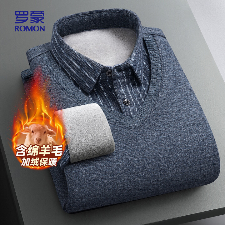 【罗蒙（ROMON）7Z111609】罗蒙（ROMON）加绒针织衫男含羊毛厚款保暖时尚休闲保暖打底衫男2562花绿【行情 报价 价格 评测】-京东