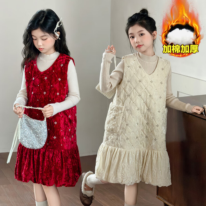丹鸟王女童连衣裙秋冬季洋气中大童加厚重工红色背心裙子小女孩新年衣服 红色背心裙 110 码（身高105左右）【图片 价格 品牌 报价】-京东