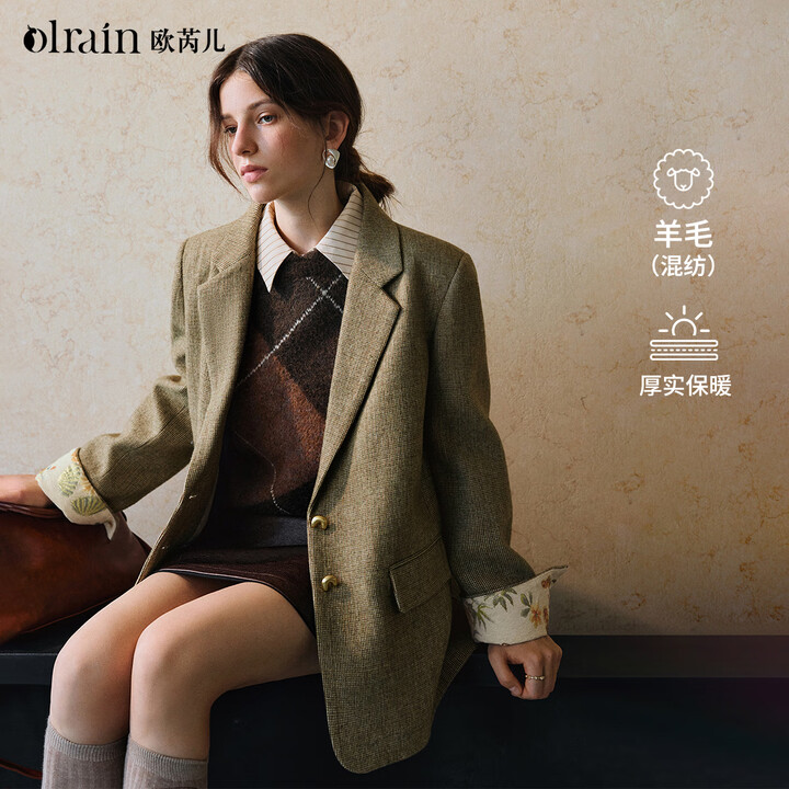 【OlrainGO57DN002081】Olrain【老钱风羊毛呢西装外套】冬季女装袖口撞色通勤上衣衣服 绿色 S【行情 报价 价格 评测】-京东