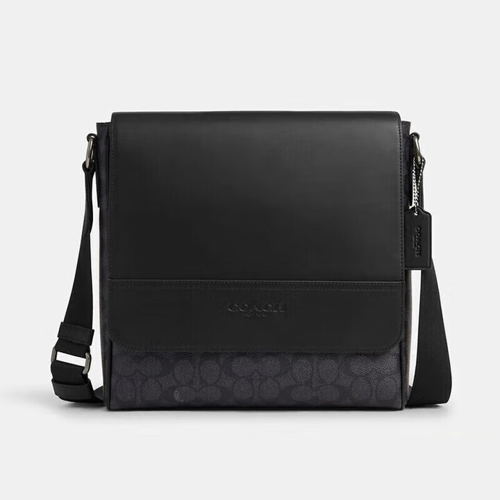 蔻驰（COACH）新款男士皮革邮差包 Houston 26 经典老花单肩斜挎包 黑色【配品牌原盒】 尺寸：长26.5*宽7.5*高26.5cm ...